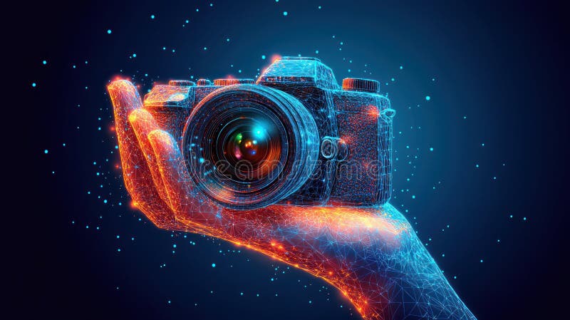 Hand Holding Digital Camera, Abstract Wireframe, Neon Glow, Dark ...