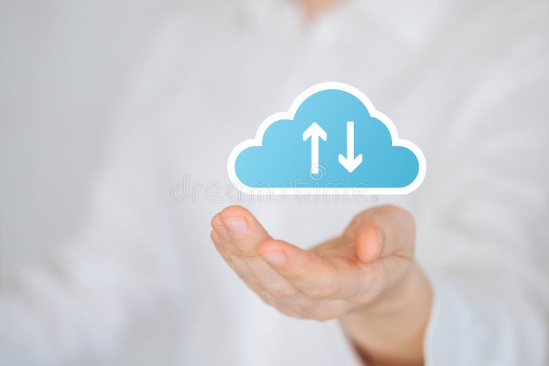Hand Holding Digital Cloud Icon with Upload and Download Arrows ...