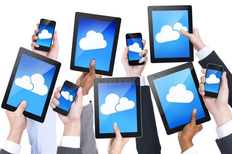 Hand Holding Digital Devices with Cloud Symbol Stock Photo - Image of ...