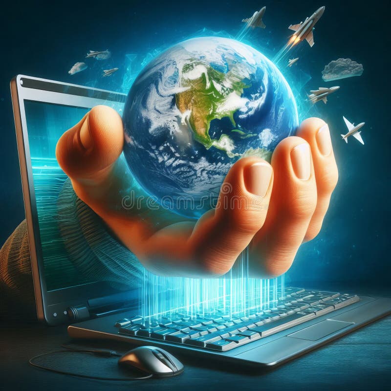 Hand Holding Digital Earth with Military and Technology Elements Stock ...