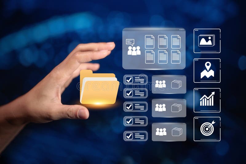 Hand Holding a Digital Folder Icon, with File Management and Data Stock ...
