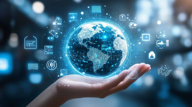 Hand Holding Digital Globe with Futuristic Blue Interface Stock Image ...