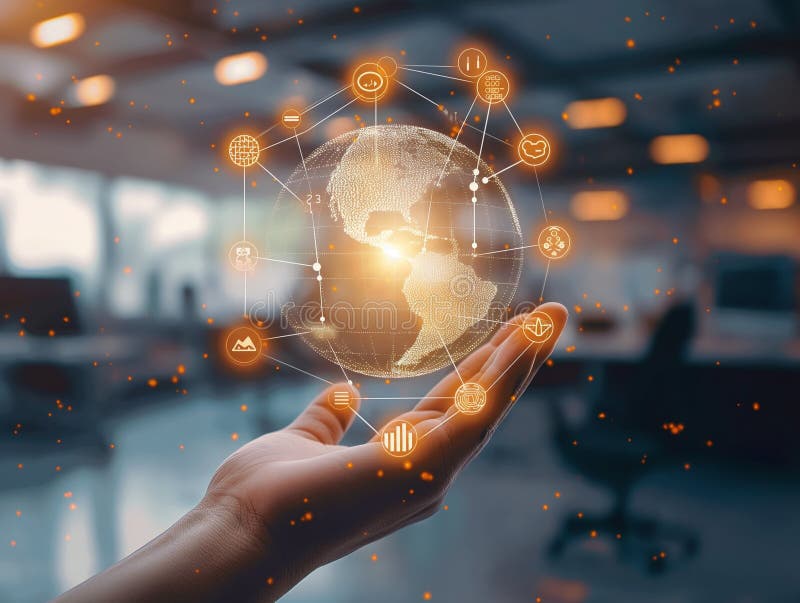 Hand Holding Digital Globe with Network Icons Stock Photo - Image of ...