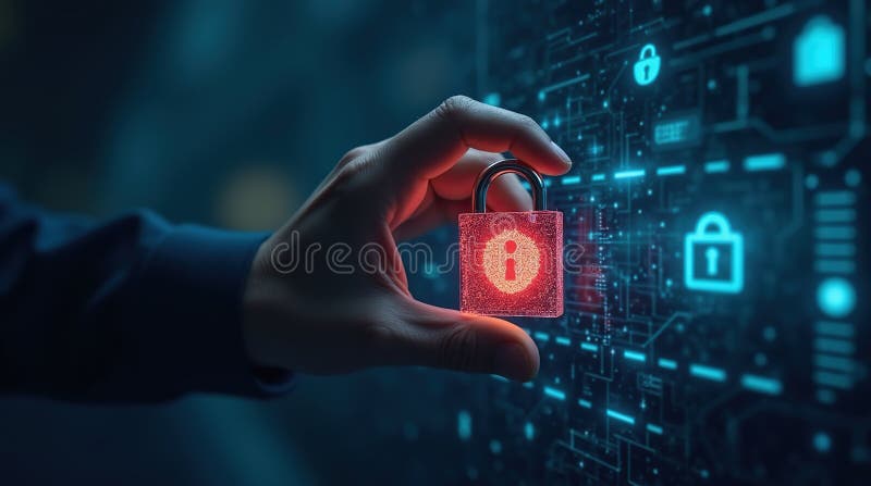 Cyber Security Concept: Hand Holding Digital Padlock on Network Stock ...