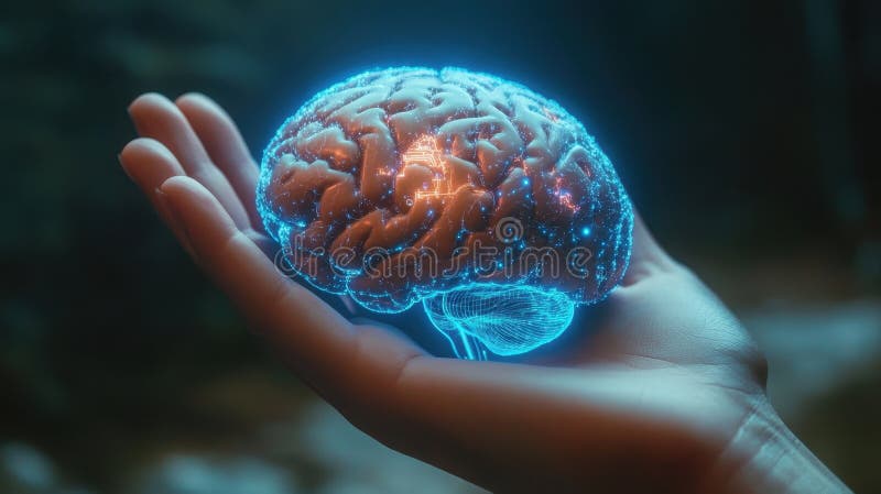 A Hand Holding a Digital Rendering of a Human Brain Stock Illustration ...