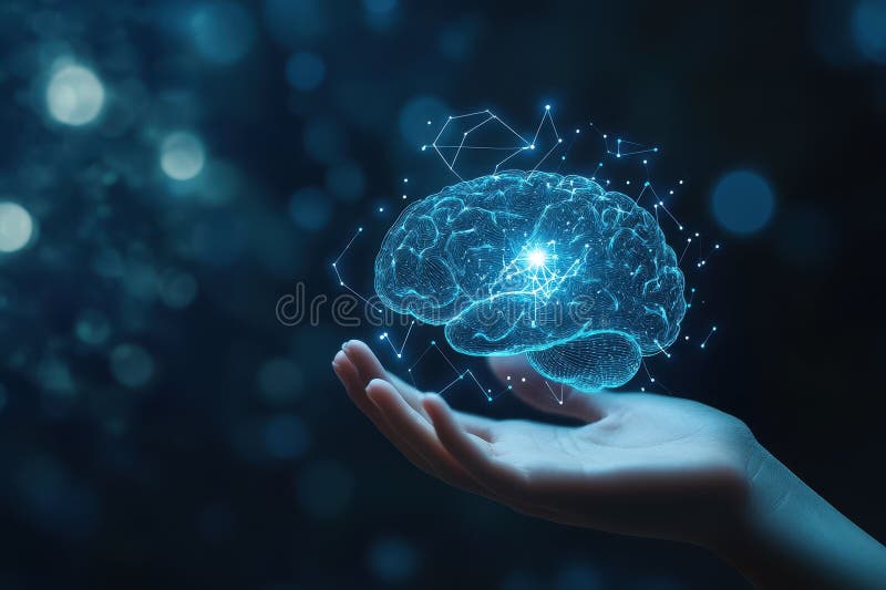 A Hand Holding a Digital Representation of the Human Brain with Glowing ...