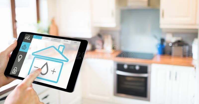 Hand Holding Digital Tablet with Home Security Icons on Screen Stock ...