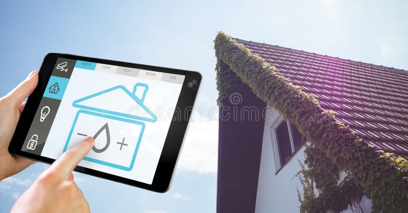 Hand Holding Digital Tablet with Home Security Icons on Screen Stock ...