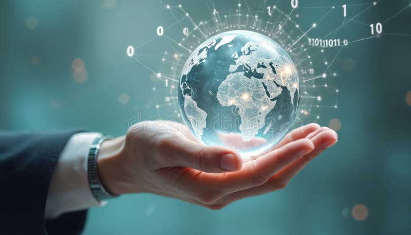 Hand Holding Digital World Globe. Binary Code Connection Lines Represent Global Network Stock ...