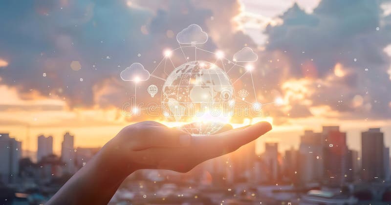 Hand Holding Digital World Globe with Cloud Computing Network Over ...
