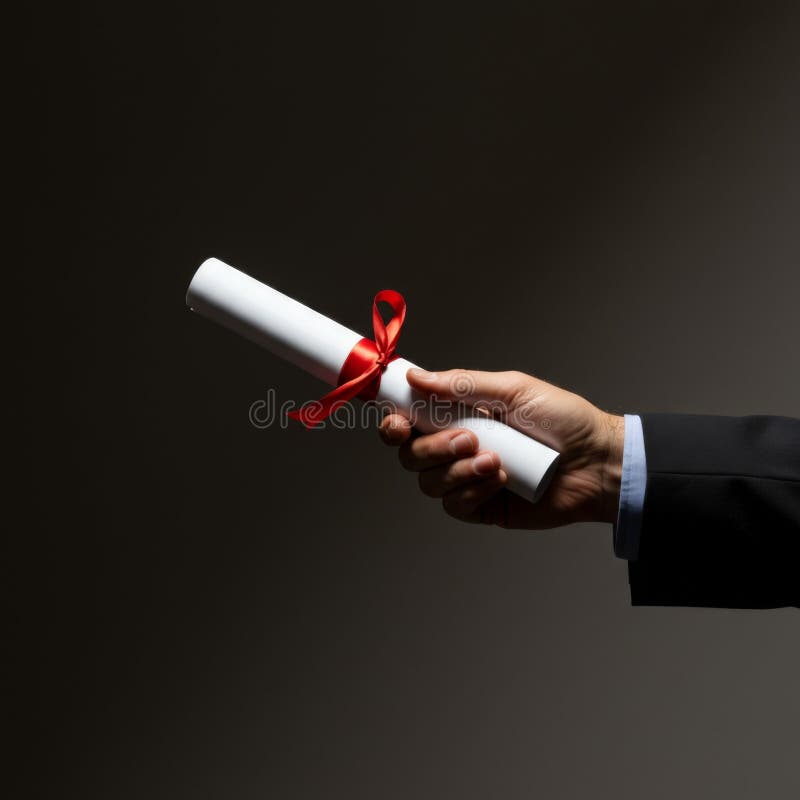 Hand Holding Diploma with Red Ribbon Against Dark Background Stock ...