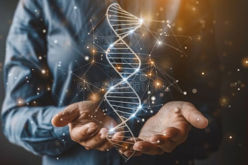 Hand Holding a DNA Model Illuminated by Golden Light, Symbolizing ...