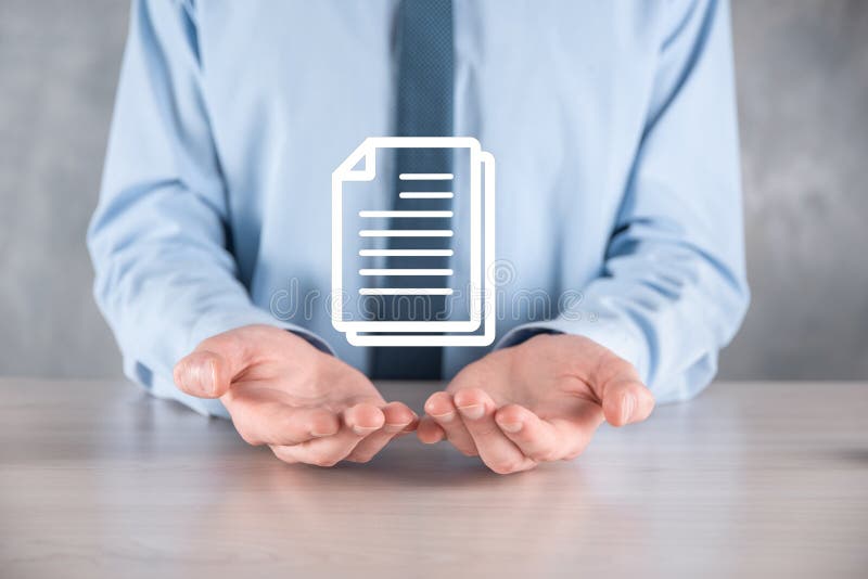 Hand Holding a Document Icon in His Hand Document Management Data ...