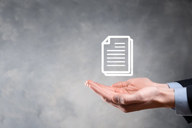 Hand Holding a Document Icon in His Hand Document Management Data ...
