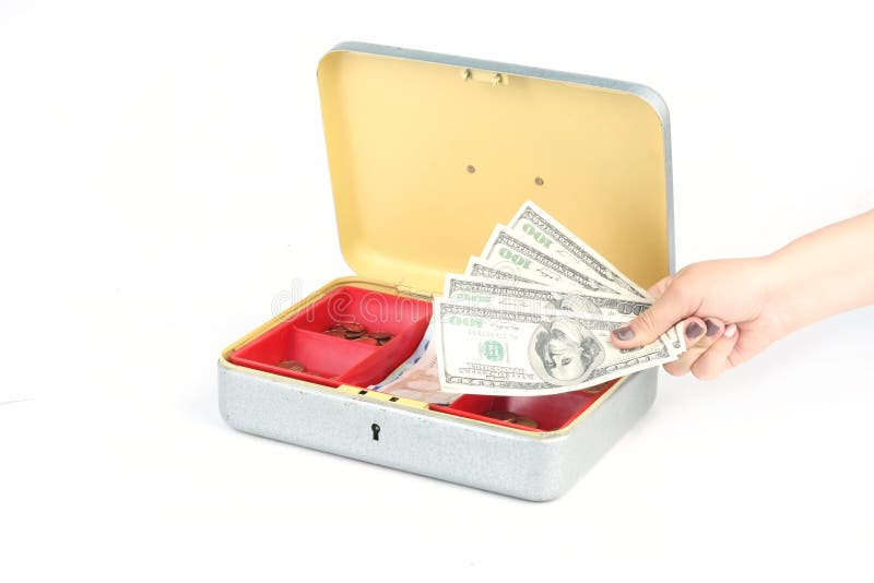 Hand Holding Dollars in Front of Money Box on White Stock Photo - Image ...