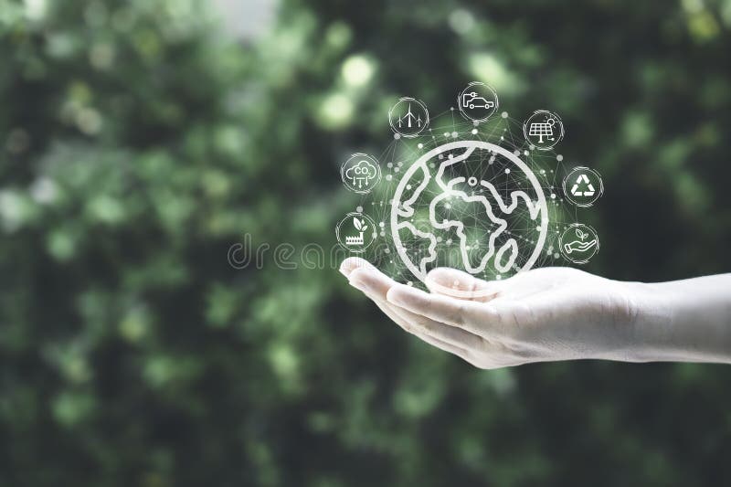 Hand Holding Drawing World with CO2 Reducing ,Recycle ,green Factory Icon on Nature for Decrease ...