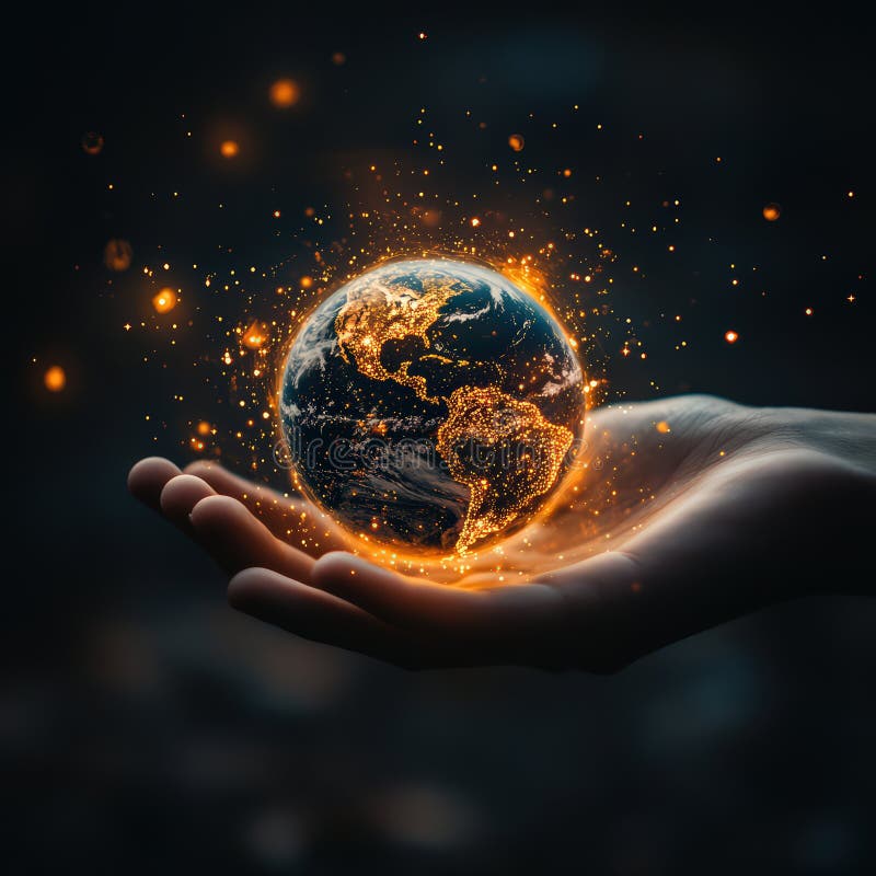 Hand Holding Earth with Sparkles in Dark Background Stock Image - Image ...