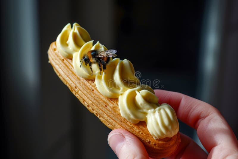 Hand Holding Eclair with Bee on Icing Stock Image - Image of gourmet ...