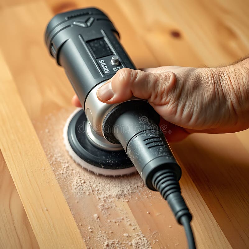 A Hand Holding an Electric Polishing Tool Working on a Wood Surface ...