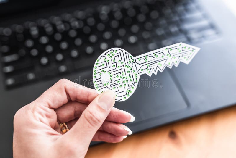 Hand Holding Encryption Key Icon Made of Circuits and LED Lights in ...