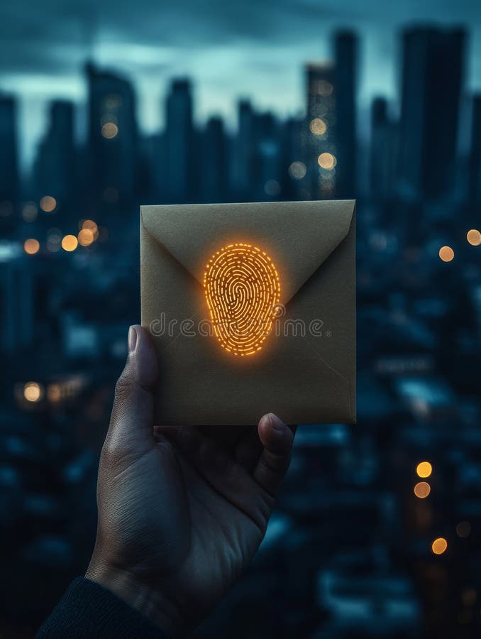 Hand Holding an Envelope with a Glowing Fingerprint, City Backdrop ...