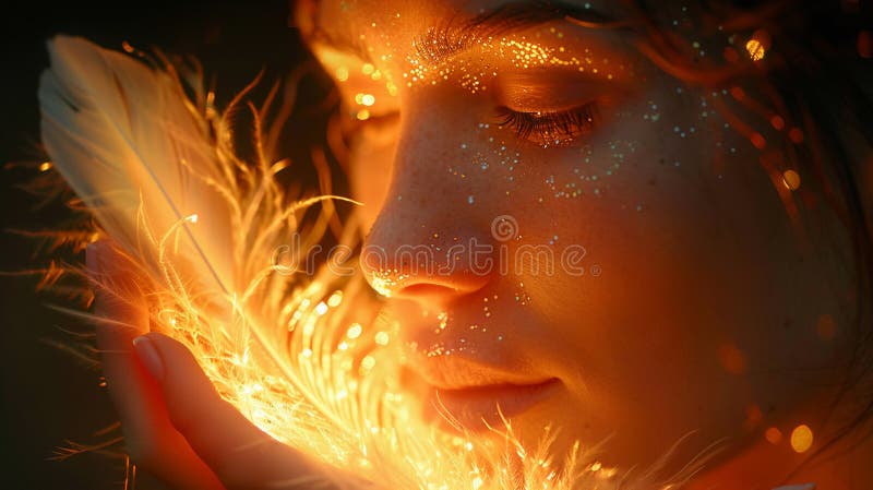 Hand Holding a Feather Gently Caressing the Face Stock Image - Image of ...