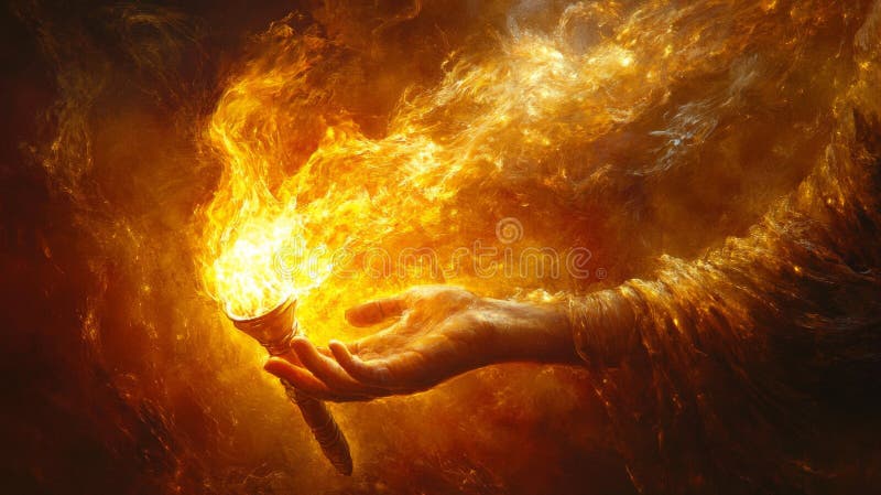 Hand Holding Fiery Torch in Dark Background Stock Illustration ...