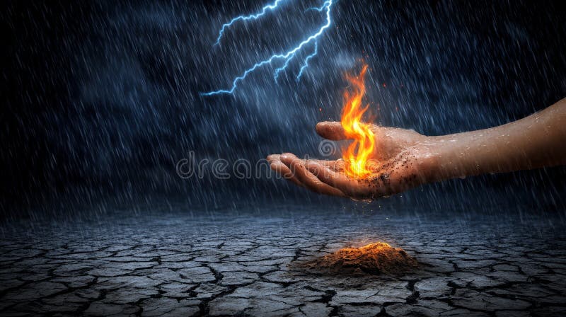 Hand Holding Fire during Rainstorm Dramatic Scene Power Nature ...