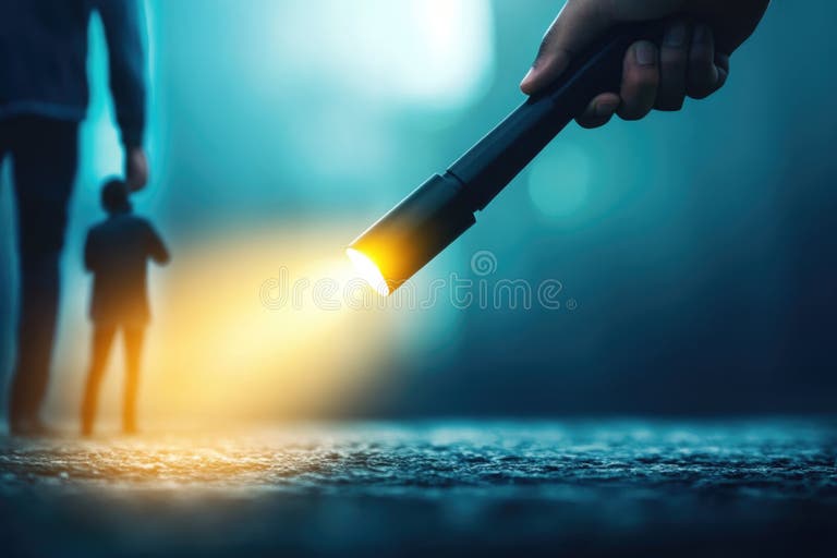 Hand Holding Flashlight Illuminating Path for Two Figures at Night ...