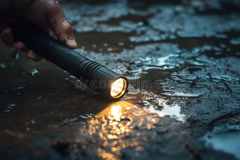 Hand Holding a Flashlight Illuminating a Puddle Stock Illustration ...