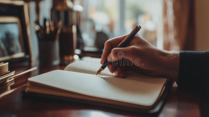 Hand Holding a Fountain Pen Writing in a Notebook Stock Illustration ...