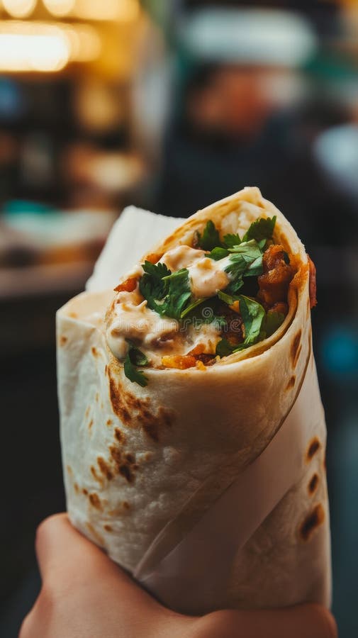 Hand Holding Fresh Burrito with Cilantro and Sauce Stock Photo - Image ...