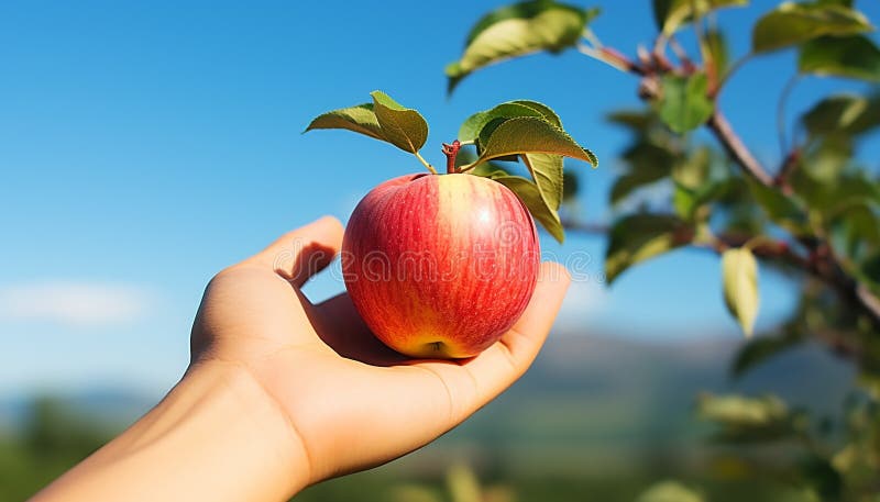 Hand Holding Fresh, Ripe Apple in Sunny Orchard Generated by AI Stock ...
