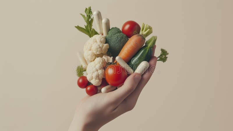 Hand Holding Fresh Vegetables and Supplements Stock Illustration ...