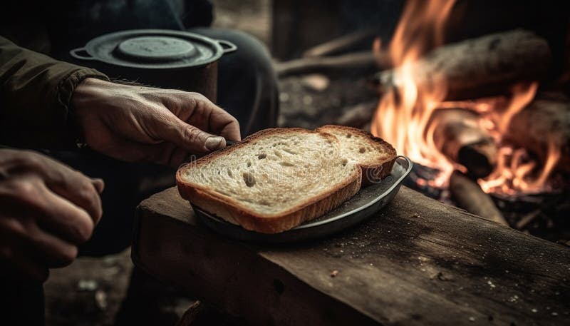 Hand Holding Freshly Baked Rustic Bread Slice Over Fire Generative AI ...