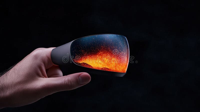 Hand Holding a Futuristic Device Displaying a Vibrant Landscape with ...