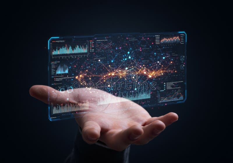 Hand Holding Futuristic Digital Interface with Data Visualizations ...