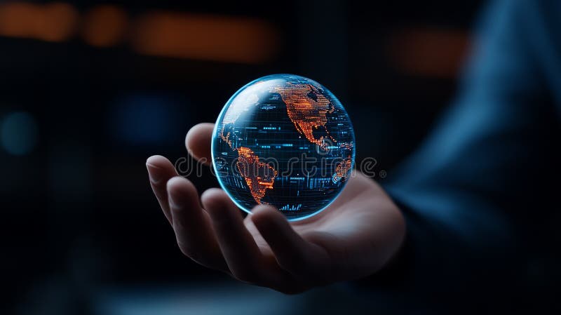 Hand Holding a Futuristic Globe with Digital Map Details, Dark ...