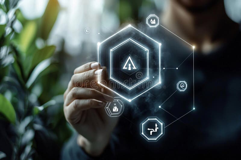 Hand Holding Futuristic Security Interface Hexagon Hologram AI Generated. Stock Illustration ...