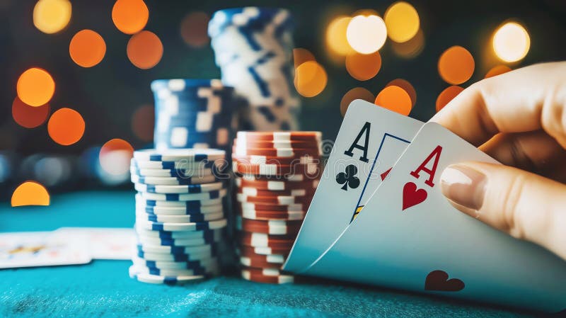 Hand Holding Game Cards Aces with Poker Chips in Stacks, AI Generated ...