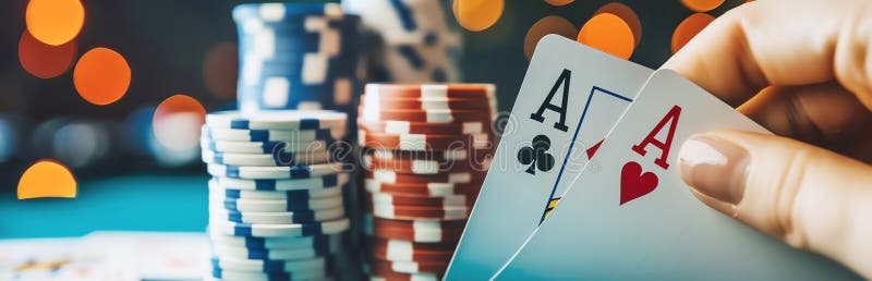Hand Holding Game Cards Aces with Poker Chips in Stacks, AI Generated ...
