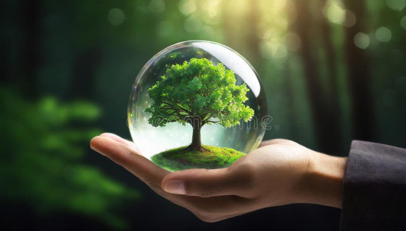 Hand Holding a Glass Ball with a Small Tree Stock Illustration ...