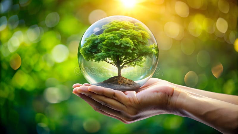 Hand Holding Glass Globe with Green Tree Inside on Blurred Nature ...