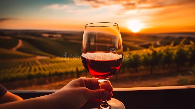 Hand Holding Glass of Red Wine during Sunset Stock Illustration ...
