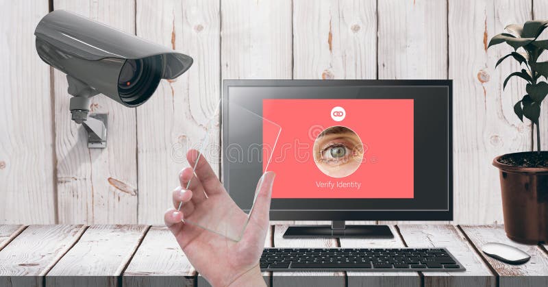 Hand Holding Glass Screen with Security Camera Watching Laptop Identity ...
