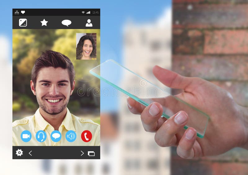 Hand Holding Glass Screen with Social Video Chat App Interface Stock ...