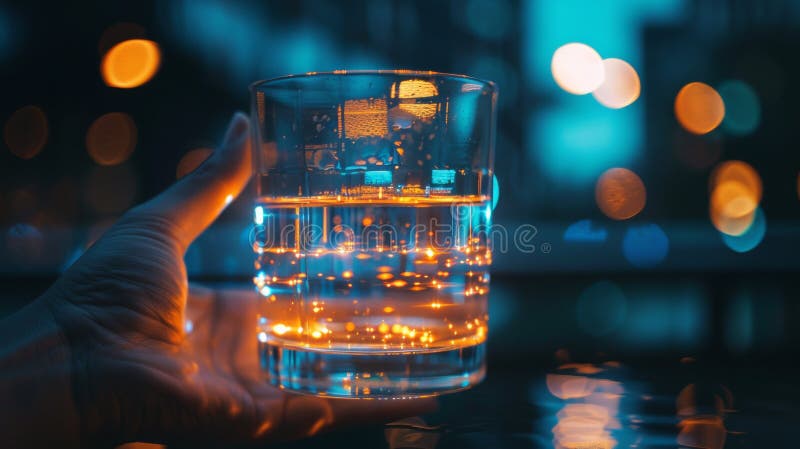 A Hand Holding a Glass of Water with Lights Around it, AI Stock Photo ...