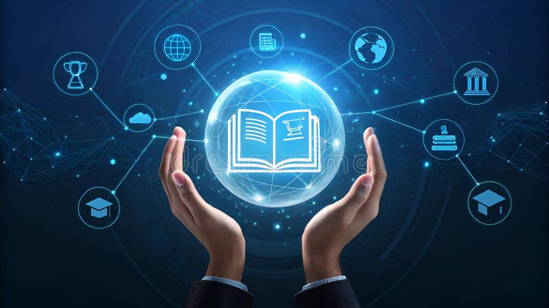 Hand Holding of Global Digital Network Connection, Online Education Platform Virtual Classroom ...