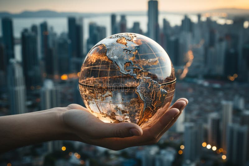 A Hand Holding a Globe with a City in the Background Stock Illustration ...