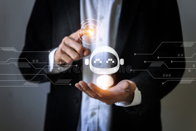 Hand Holding Glowing Chatbot Icon with Index Finger Activated, Along ...